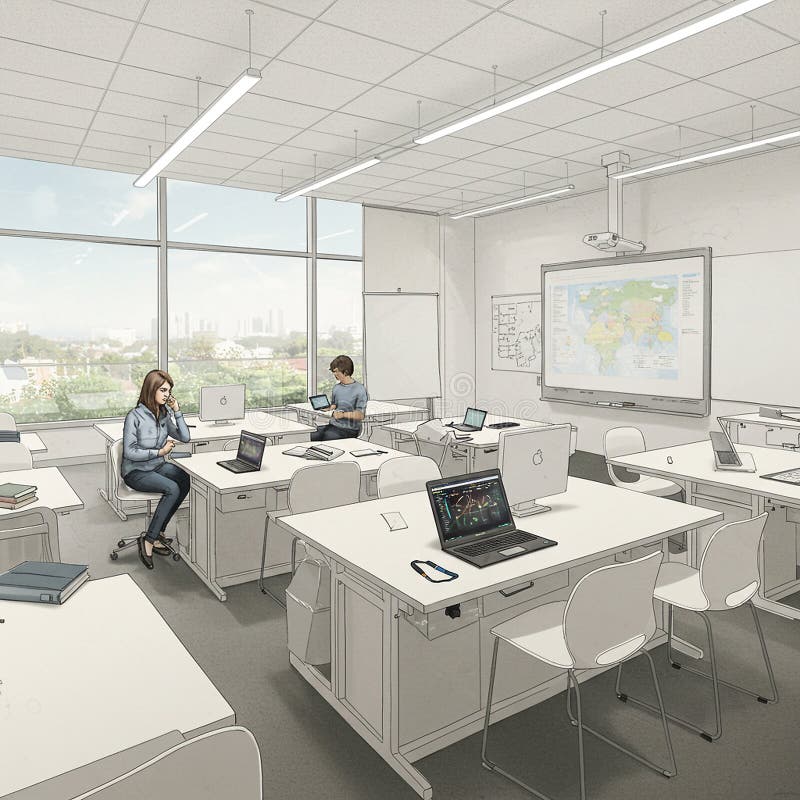 Modern Classroom with Large Windows Revealing an Urban Landscape ...