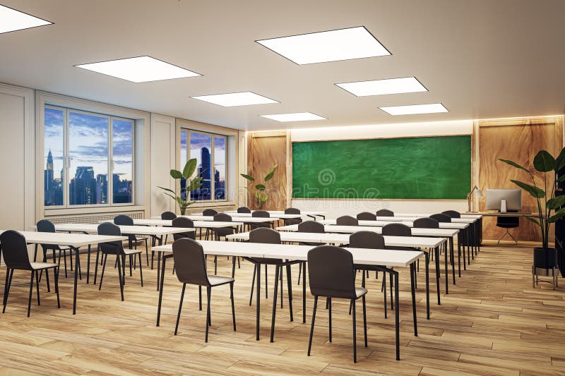 Modern Classroom with Large Windows Showcasing City Skyline, Green ...