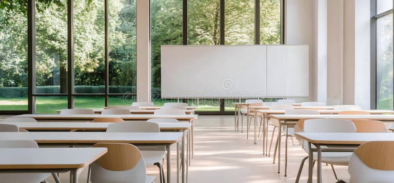Modern Classroom with Large Windows and Whiteboard Stock Illustration ...