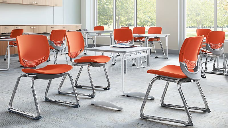 Modern Classroom with Orange Chairs and Tables Stock Image - Image of ...