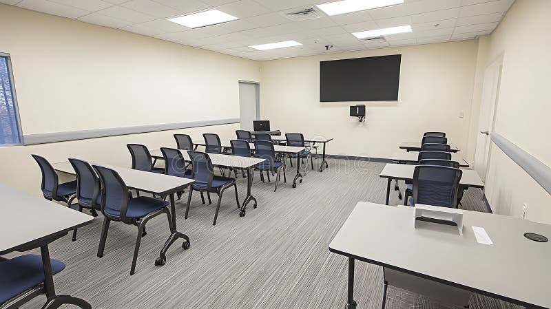 Modern Classroom Setting with Tables Chairs and Screen Stock ...