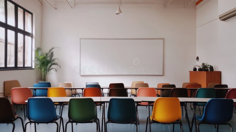 A Modern Classroom Setup with Colorful Chairs and a Whiteboard for ...