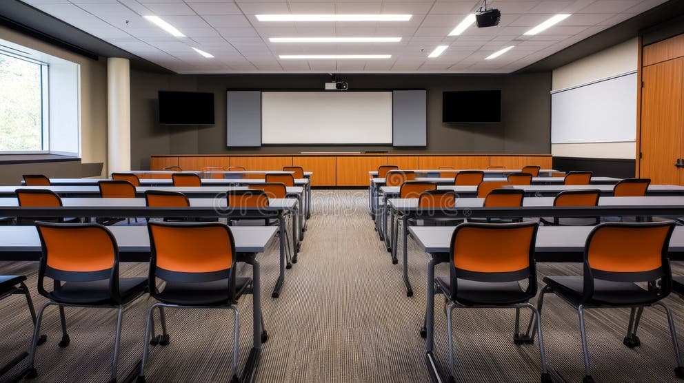 Modern Classroom Setup with Rows of Desks and Orange Chairs Stock ...