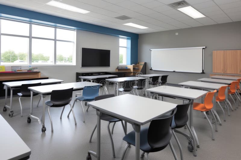 Modern Classroom with Sleek Furniture and Interactive Whiteboard for ...