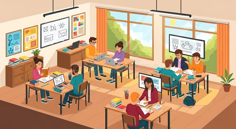 Modern Classroom with Students Engaged in Learning Activities Stock Illustration - Illustration ...