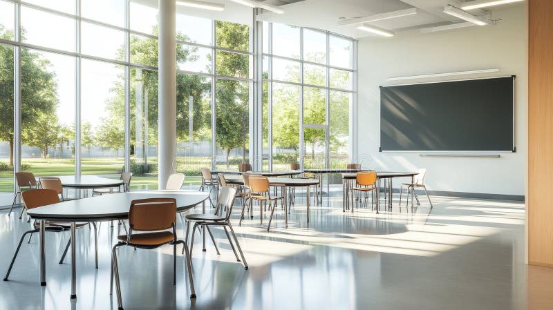 A Modern Classroom with Tables, Chairs, and Large Windows for Natural ...