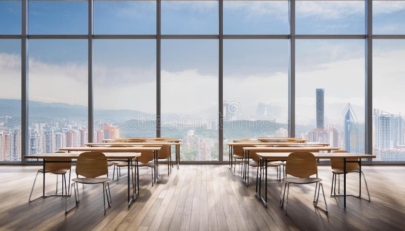 Modern Classroom with Wooden Desks and Large Windows Overlooking ...