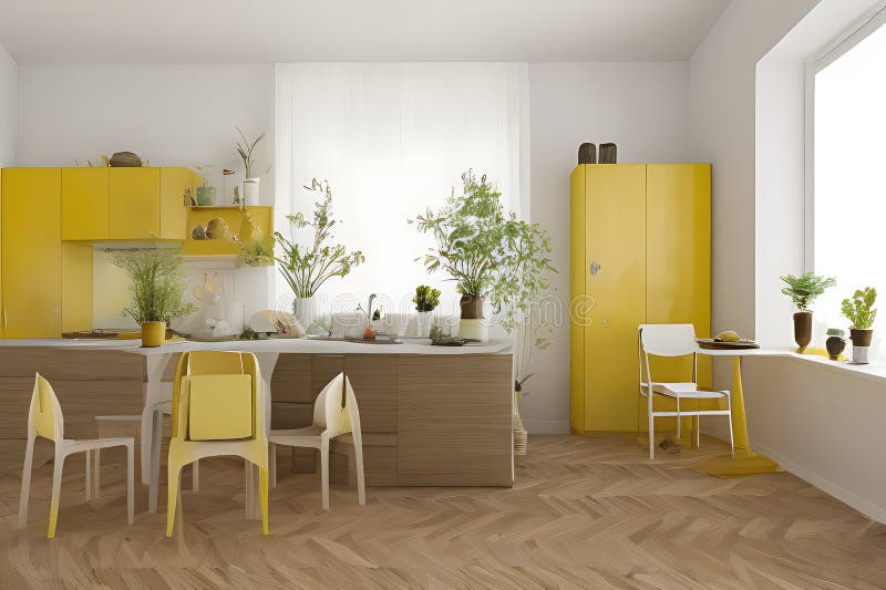 Modern Clean Contemporary Yellow Kitchen, Dining Table with Chairs and ...