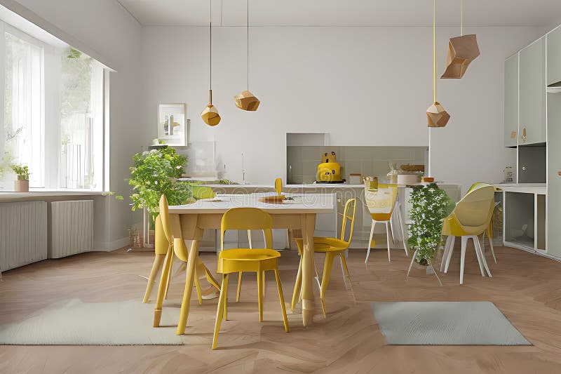 Modern Clean Contemporary Yellow Kitchen, Dining Table with Chairs and ...