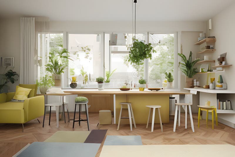 Modern Clean Contemporary Yellow Kitchen, Dining Table with Chairs and ...