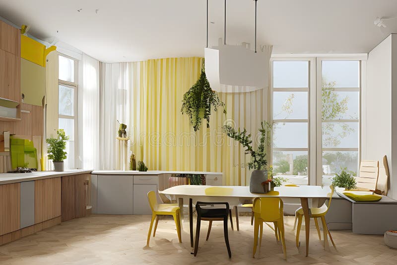 Modern Clean Contemporary Yellow Kitchen, Dining Table with Chairs and ...