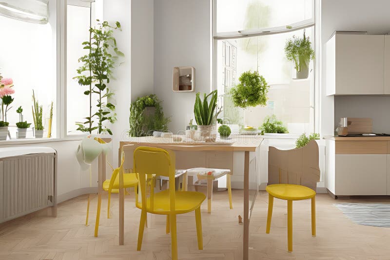 Modern Clean Contemporary Yellow Kitchen, Dining Table with Chairs and ...