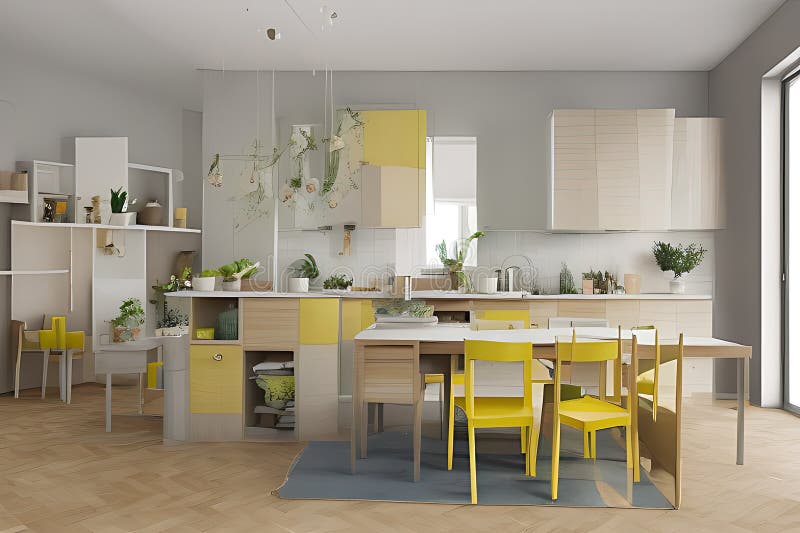 Modern Clean Contemporary Yellow Kitchen, Dining Table with Chairs and ...