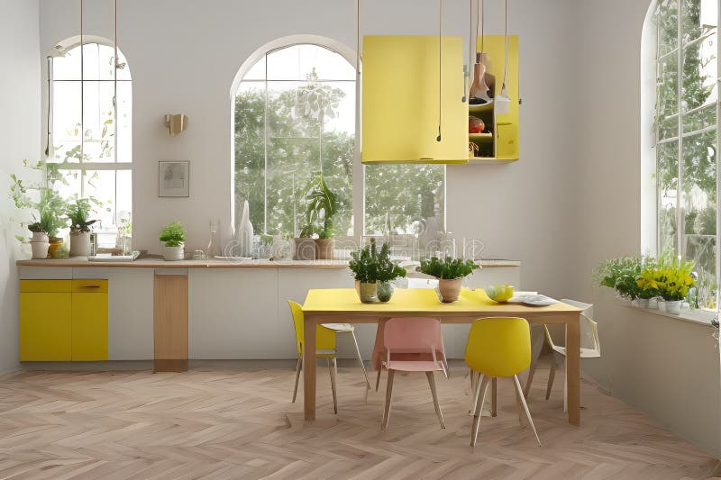 Modern Clean Contemporary Yellow Kitchen, Dining Table with Chairs and ...
