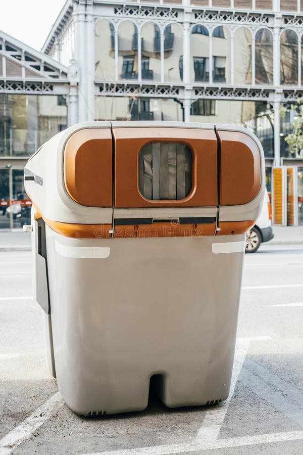 Modern Clean Grey with Orange Garbage Bin or Container on City Street ...
