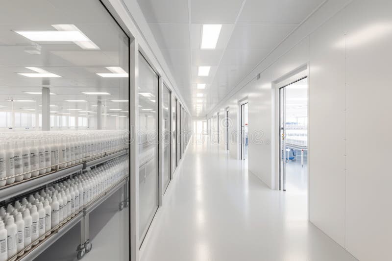 Modern Clean Laboratory Corridor with Glass Windows and Bright Lighting ...