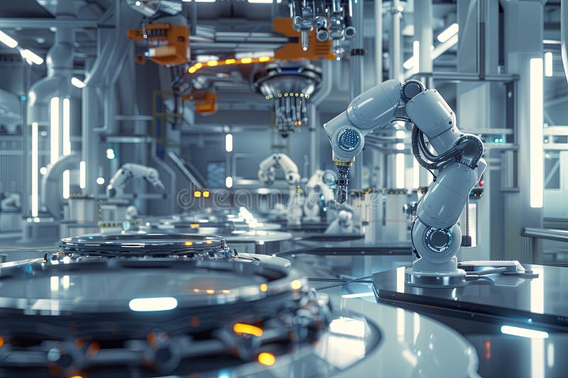 A Modern, Clean Manufacturing Facility Featuring Robotic Arms Working ...