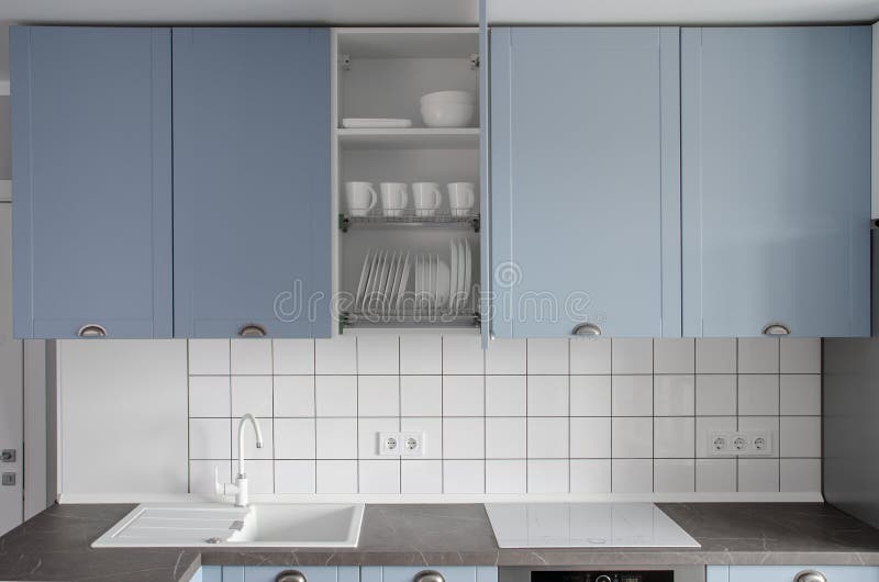Modern Clean Minimalist Kitchen with Open Cabinet and Utensils Stock ...