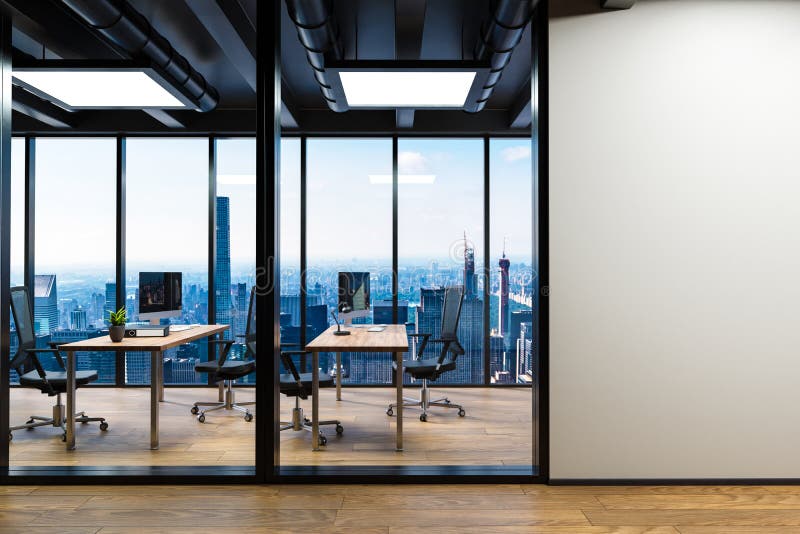 Modern Clean Office Behind Glass Wall Waiting Area Reception with ...