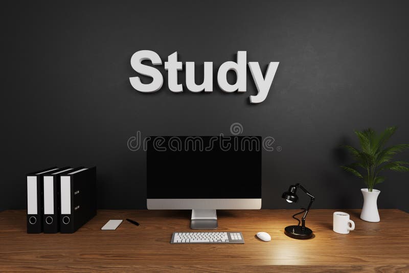 Modern Clean Office Workspace with Computer Screen and Dark Concrete ...