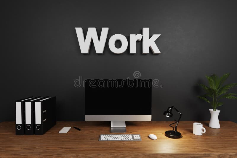 Modern Clean Office Workspace with Computer Screen and Dark Concrete ...