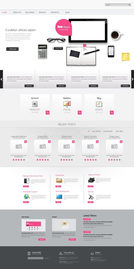 One Page Website Design Template and Flat UI, UX Elements Stock Vector ...