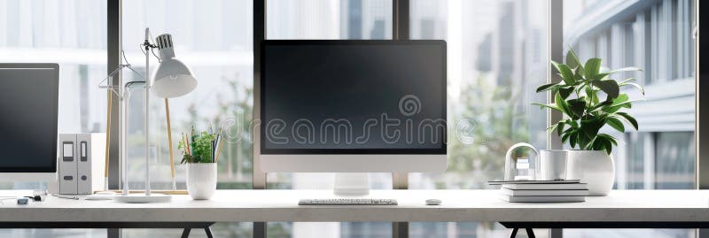 Modern Office Workspace with Computer Plants and Cityscape View a ...