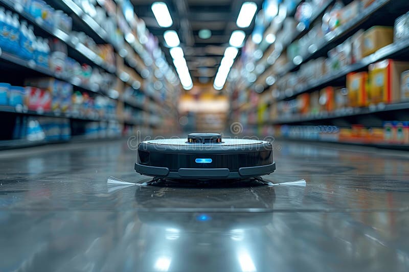 Modern Cleaning Robot Cleans the Floors between the Counters in the ...