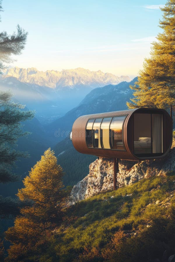 Modern Cliffside Cabin with Panoramic Mountain Views at Sunrise. Stock ...