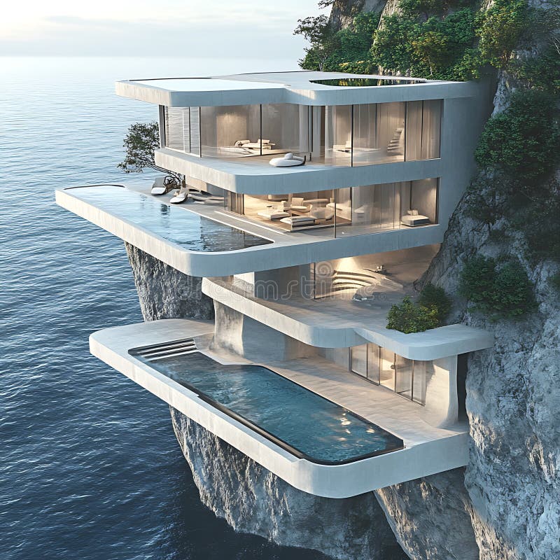 Modern Cliffside Home with Infinity Pool and Ocean Views Stock ...