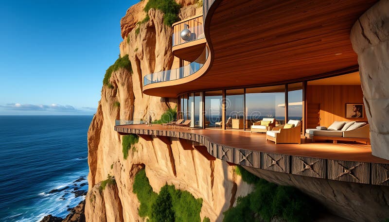 Modern Cliffside Home with Ocean Views, Stock Illustration ...