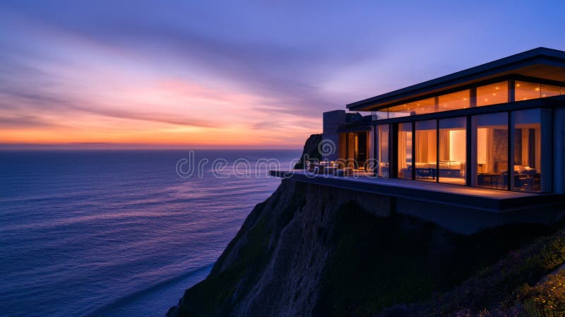 Modern Cliffside Home with Ocean Views at Sunset Stock Illustration ...
