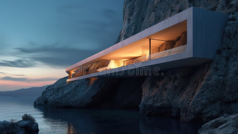 Modern Cliffside Home Overlooking Sea at Sunset Stock Illustration ...