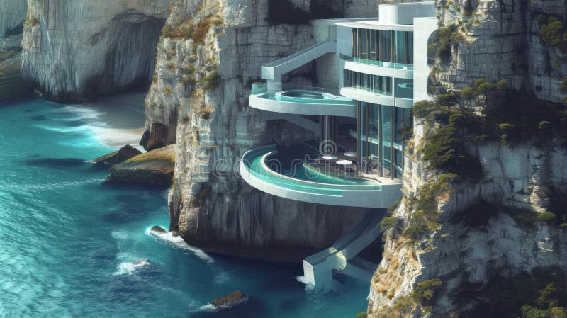 Modern Cliffside Home with Panoramic Views of Serene Blue Ocean Stock ...