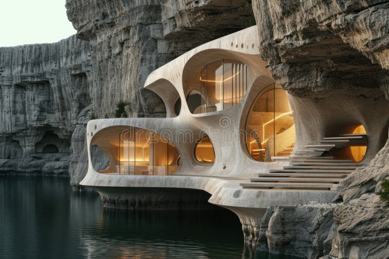 Modern Cliffside Home with Unique Architecture at Dusk Stock Photo ...