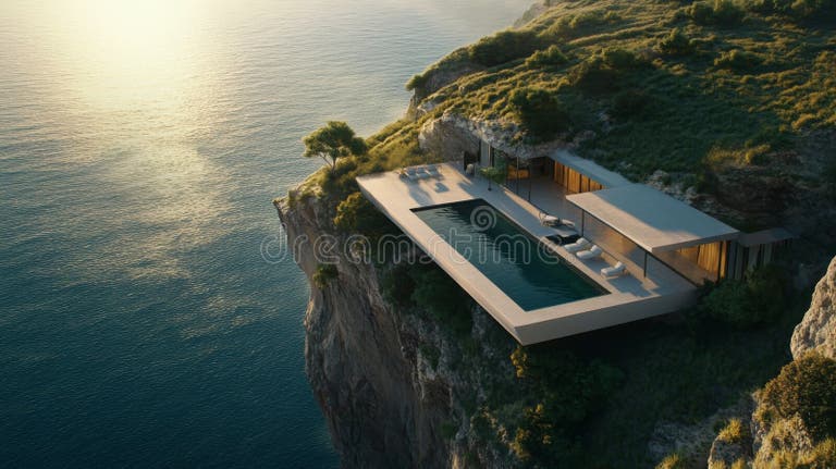 Modern Cliffside House with Infinity Pool Overlooking the Ocean Stock Illustration ...