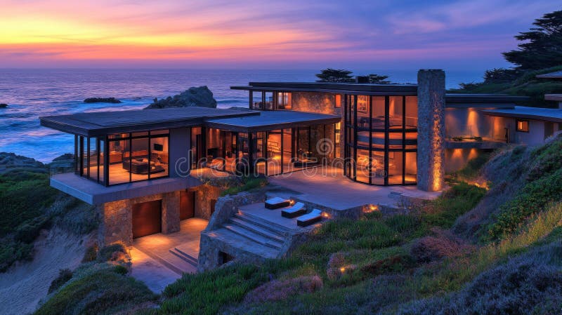 Modern Cliffside House with Ocean Sunset View Stock Illustration ...