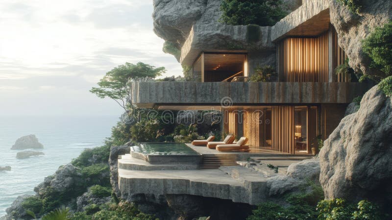 Modern Cliffside House with Ocean View Stock Illustration ...