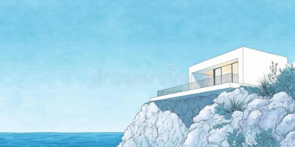Modern Cliffside House with Ocean View and Blue Sky Background Stock ...