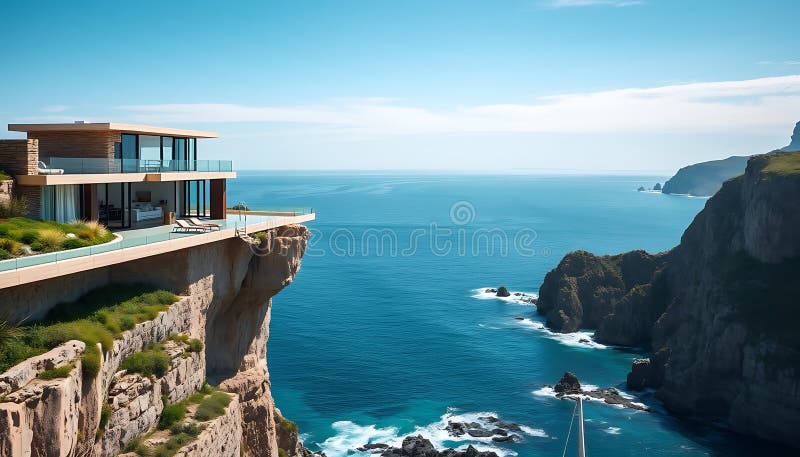 Modern Cliffside House with Ocean View, Stock Image - Image of patio ...