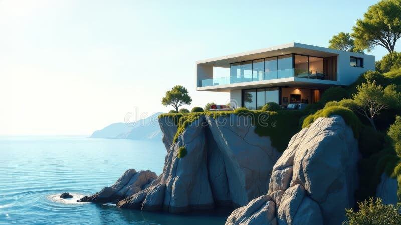 Modern Cliffside House with Ocean View Stock Illustration ...