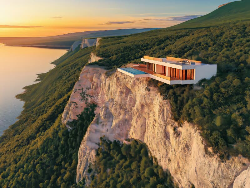 Modern Cliffside House Overlooking Ocean at Sunset Stock Photo - Image ...