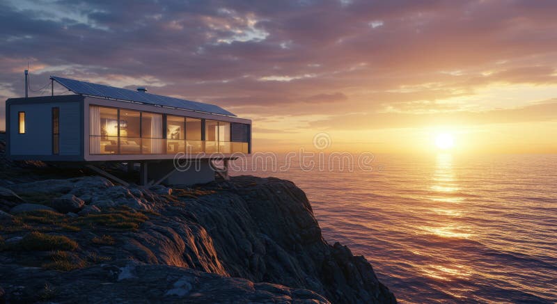 Modern Cliffside House Overlooking Ocean at Sunset with Panoramic Views ...