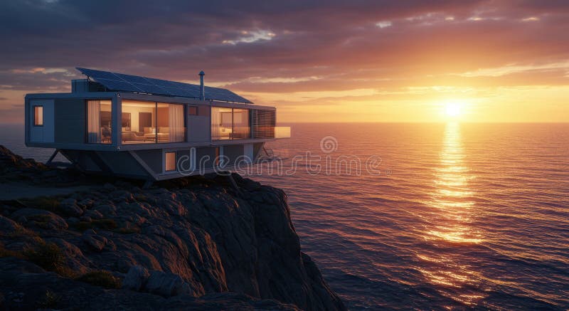 Modern Cliffside House Overlooking Ocean at Sunset with Solar Panels ...