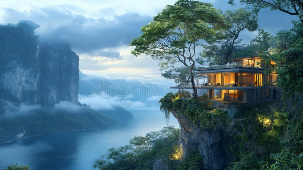 Modern Cliffside House with River and Mountain Views Stock Illustration ...