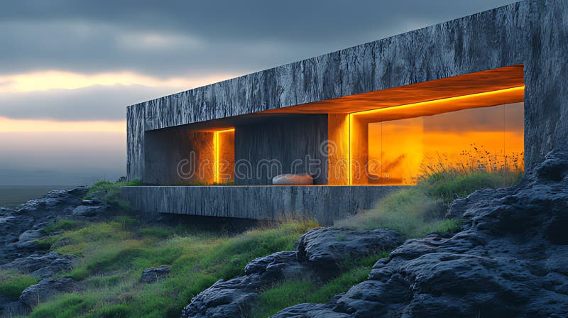 Modern Cliffside House Sunset Landscape Architecture Design Stock ...