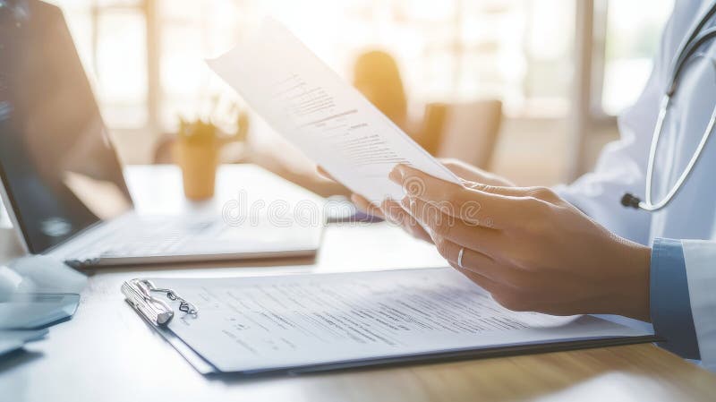 He is in a Modern Clinic Office Reading Paperwork in a Doctor& X27;s ...