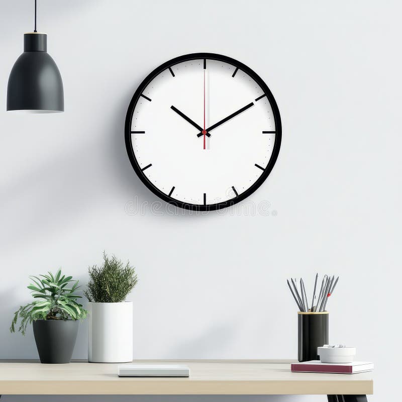 Modern Clock on a Wall in a Stylish Workspace with Plants and ...