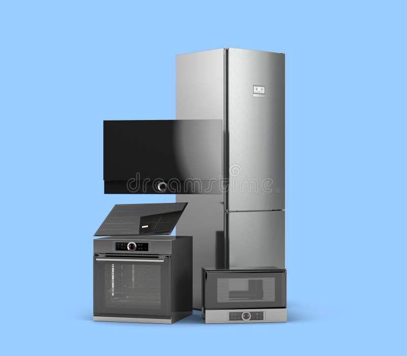 Modern Close Built in Kitchen Appliances Set 3d Render on Blue Stock ...