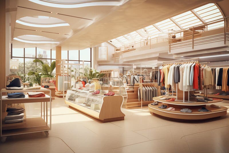 Modern Clothing Store Interior with Hanging Lights and Wooden Displays ...